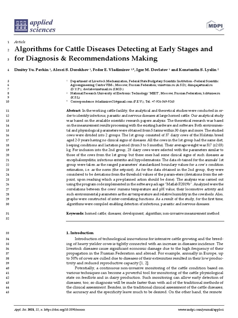 Algorithms For Cattle Diseases Detecting at Early Stages and For ...