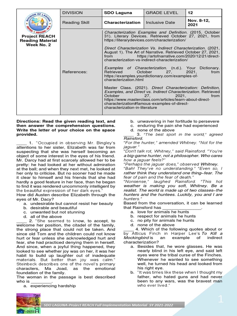 Grade 12 Superior Reading Level Characterization RM2 | PDF