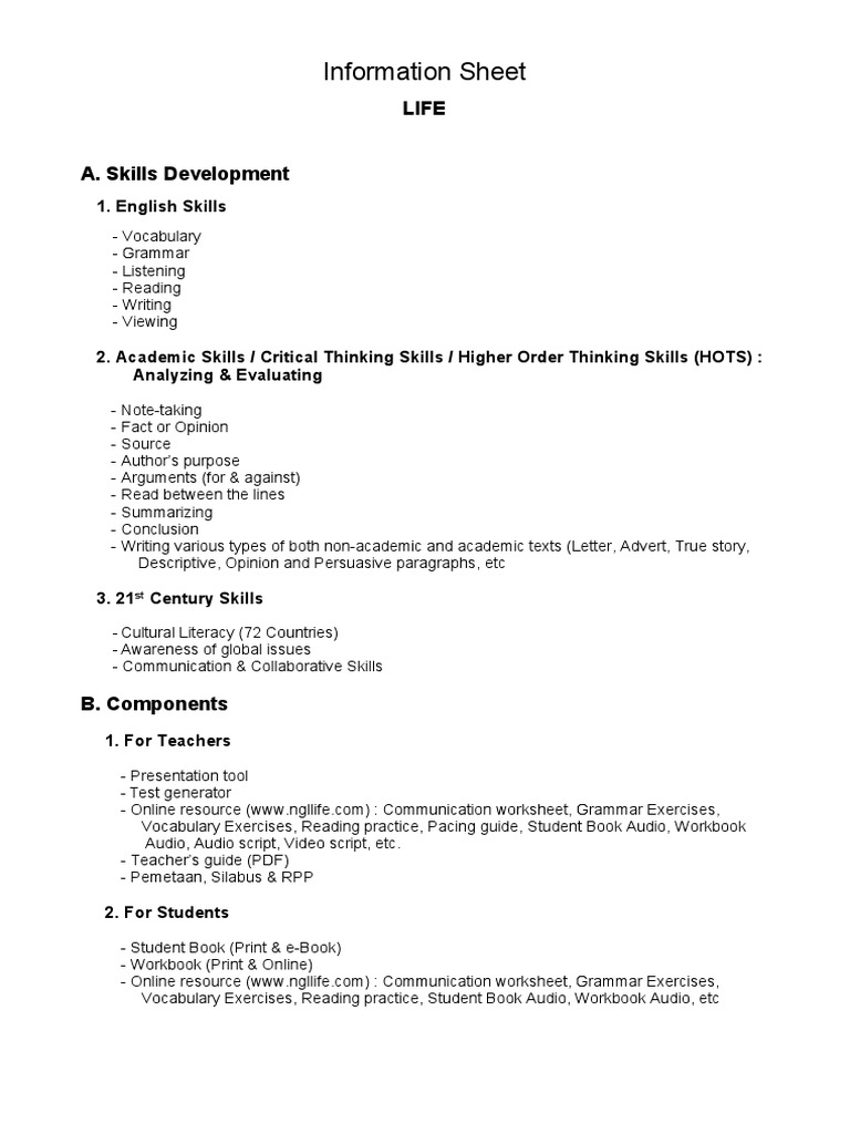 Information Sheet: 1. English Skills | PDF