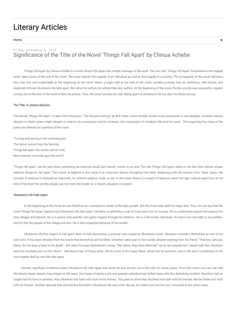 The Title of The Novel 'Things Fall Apart' by Chinua Achebe | PDF ...
