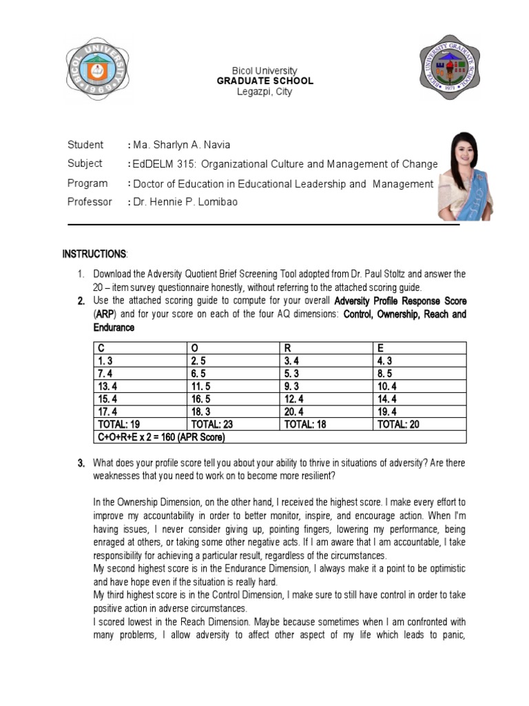 (Ma. Sharlyn A. Navia) Adversity Quotient | PDF | Cognition | Psychology