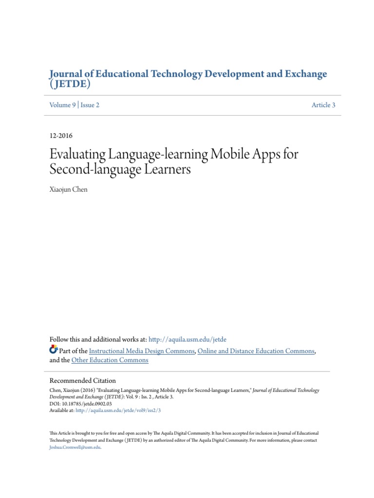 Chen, X. (2016) Evaluating Language-Learning Mobile Apps For Second-Language Lear | PDF | Affect ...