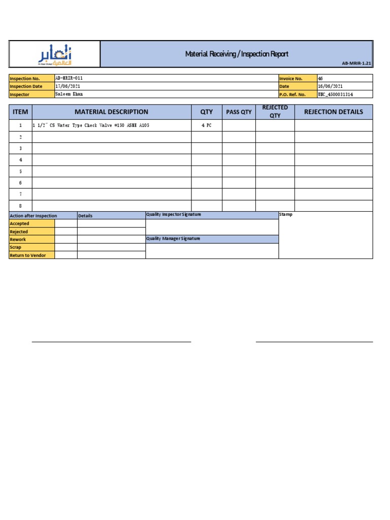 Material Receiving / Inspection Report: Item QTY Material Description ...