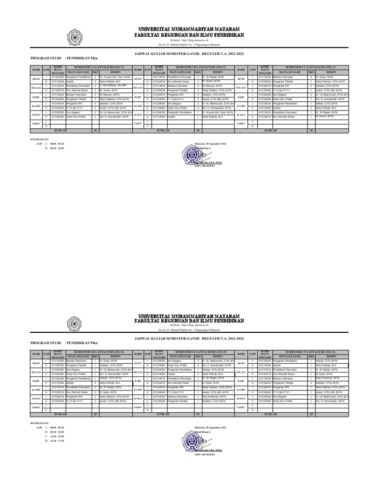 Jadwal Kuliah Pendidikan PKn 2021-2022 | PDF