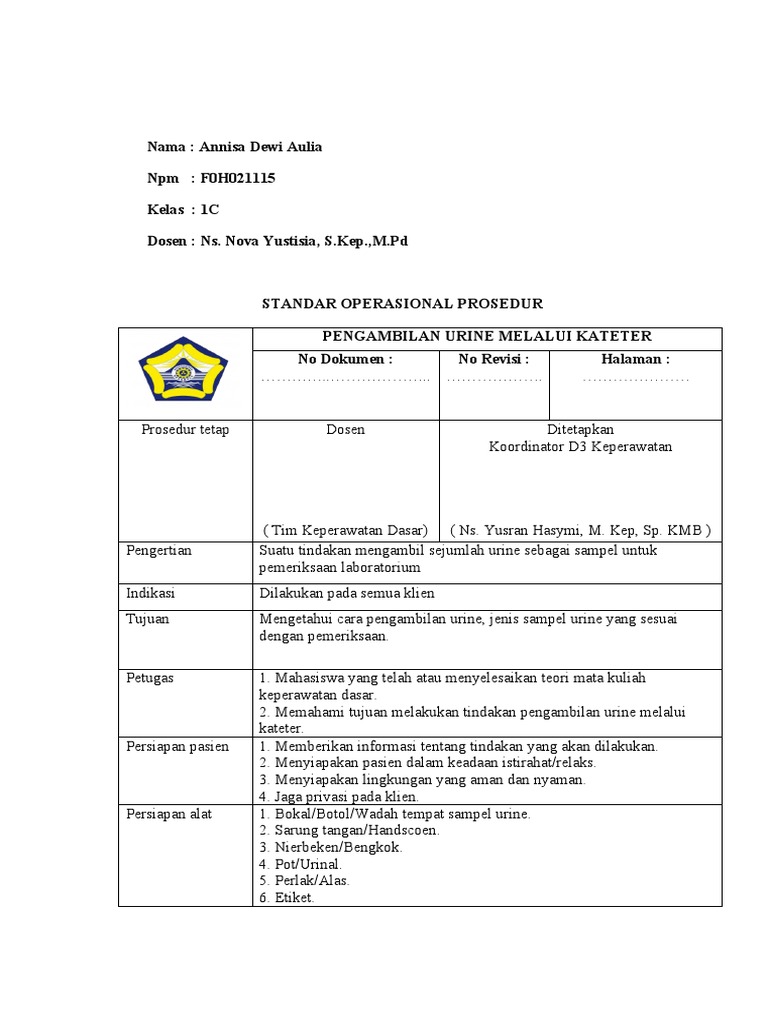 SOP Pengambilan Urine Melalui Kateter | PDF
