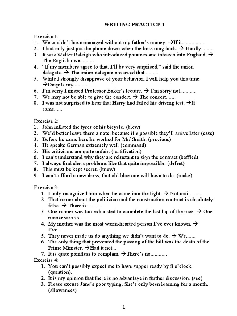 Writing Practice 1: Concise for Grammar Exercises | PDF