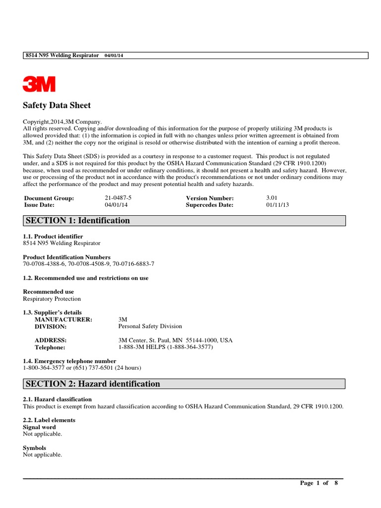 3M 8514-MSDS-2014 | PDF | Toxicity | Volatile Organic Compound