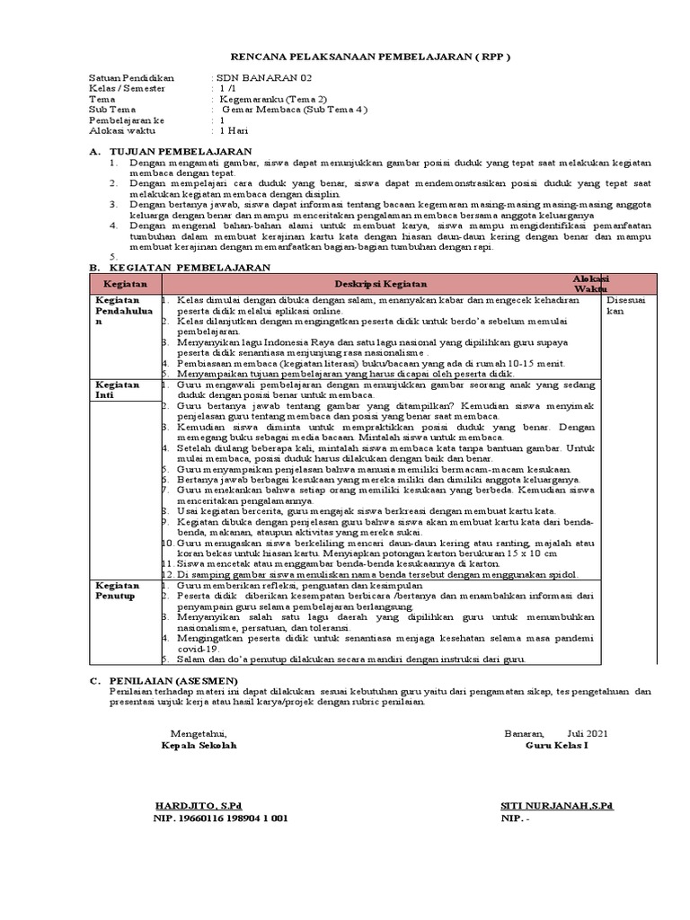 RPP Daring Kelas 1 Tema 2 ST 4 | PDF