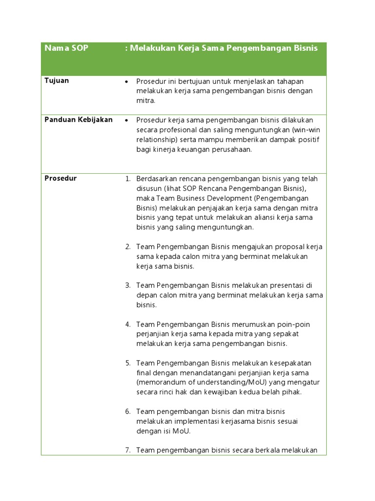 01 SOP Kerjasama Bisnis Dengan Mitra | PDF