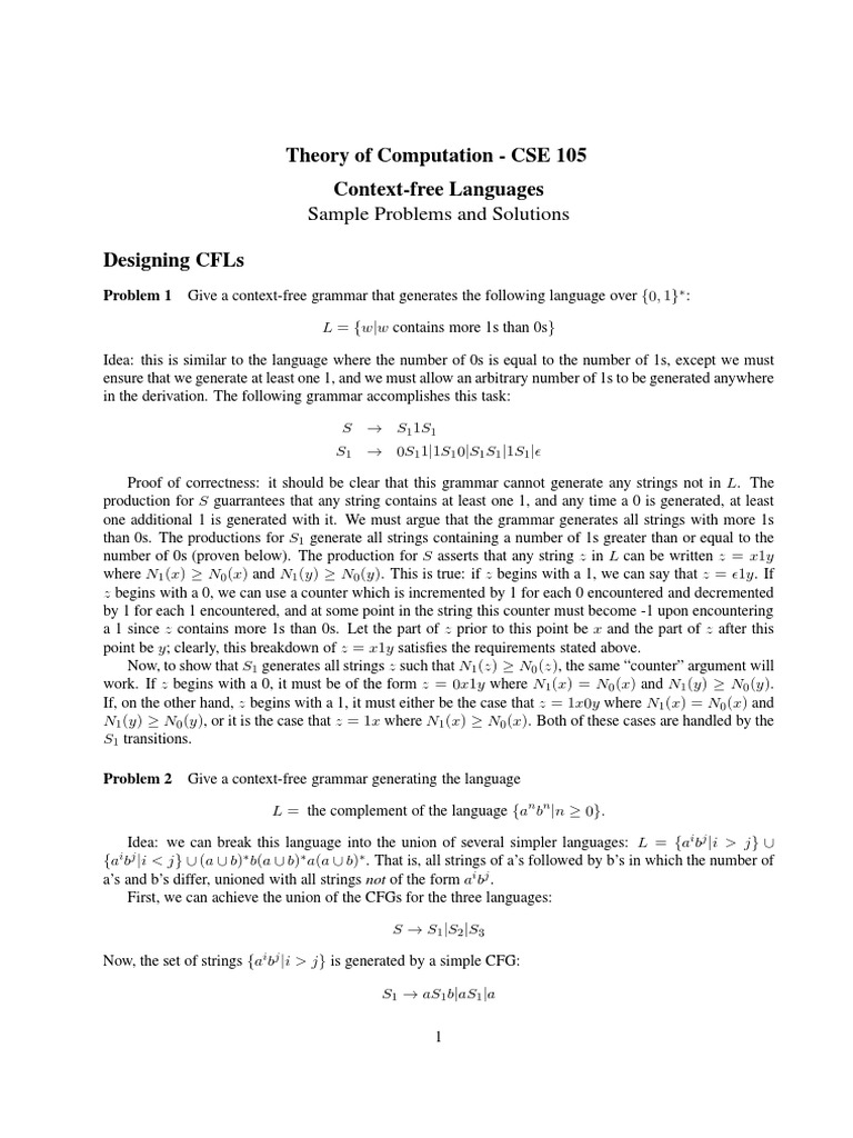 Theory Of Computation Cse 105 Context Free Languages Sample Problems And Solutions Pdf
