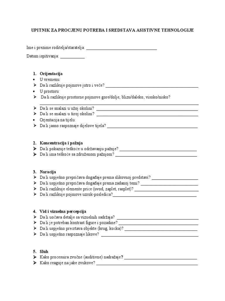Upitnik Za Procjenu Potreba I Sredstava Asistivne Tehnologije | PDF