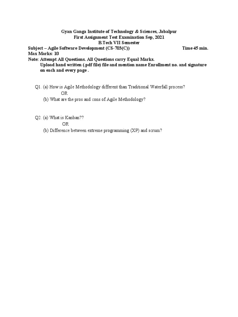 Assignment Test Questions of Agile Methodology | PDF