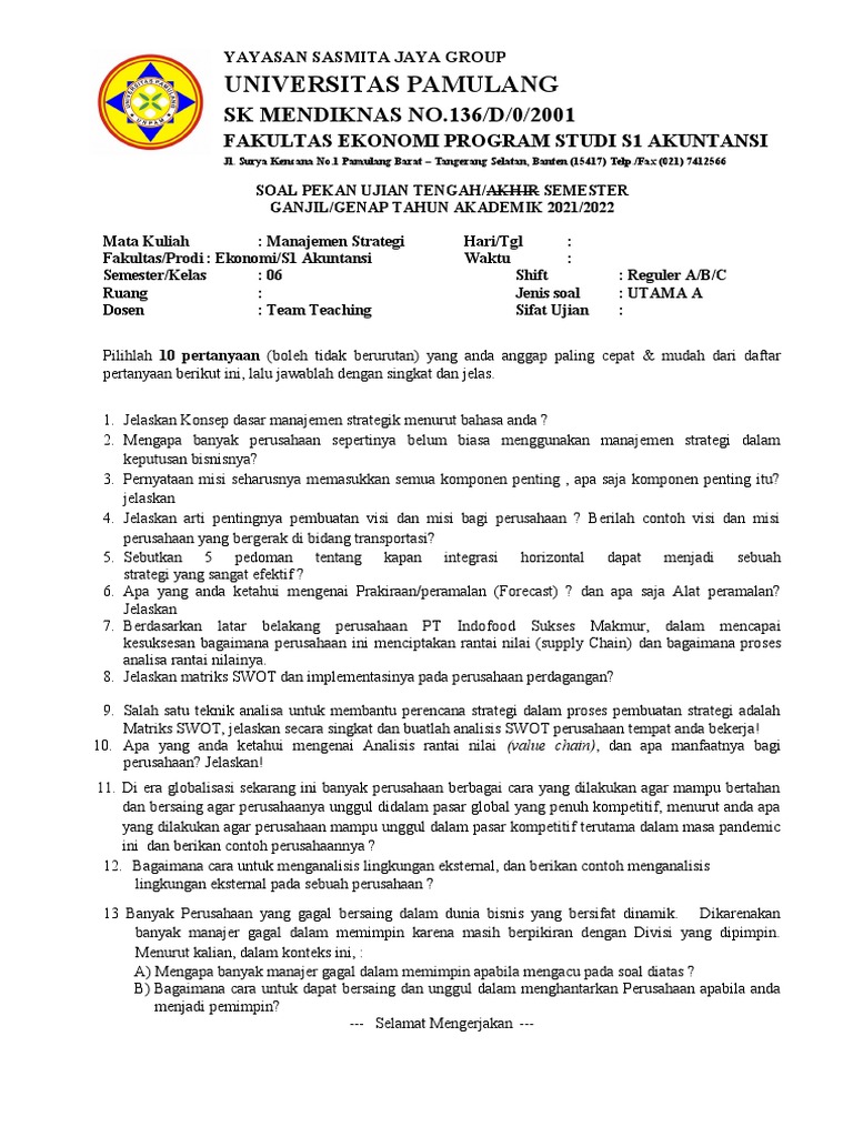 Soal Uts Manajemen Strategi | PDF | Karier & Perkembangan
