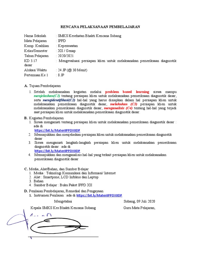 RPP IPPD XII KD 3.17 Mengevaluasi Persiapan Klien Untuk Melaksanakan Pemeriksaan Diagnostik ...