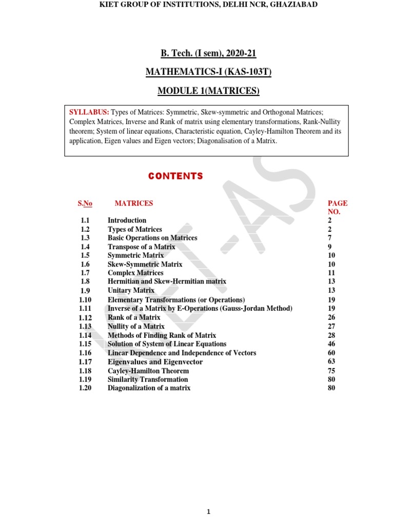 Matrix Unit 1 Pdf Matrix Mathematics Eigenvalues And Eigenvectors 0993