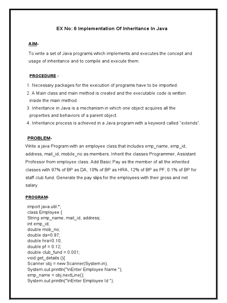 EX No: 6 Implementation of Inheritance in Java: Procedure | PDF | Inheritance (Object Oriented ...