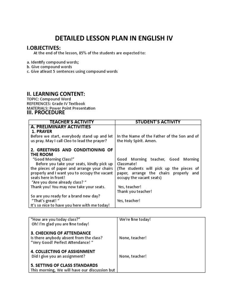Detailed Lesson Plan in English Iv: I.Objectives | PDF | Lesson Plan