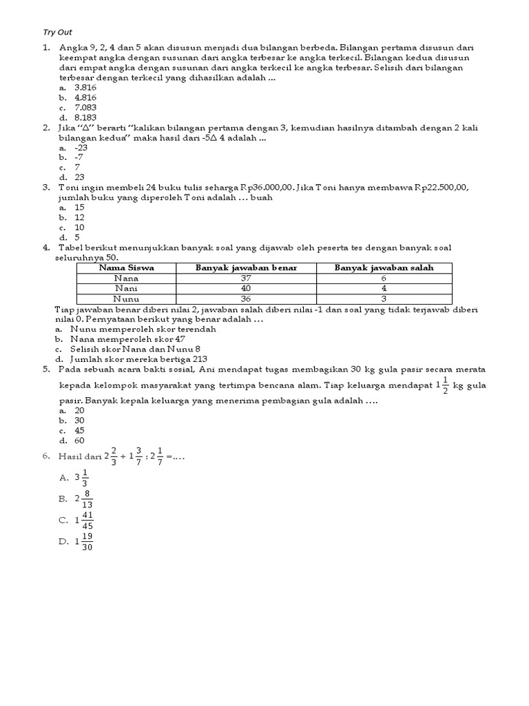 Soal Try Out Matematika dan Logika | PDF