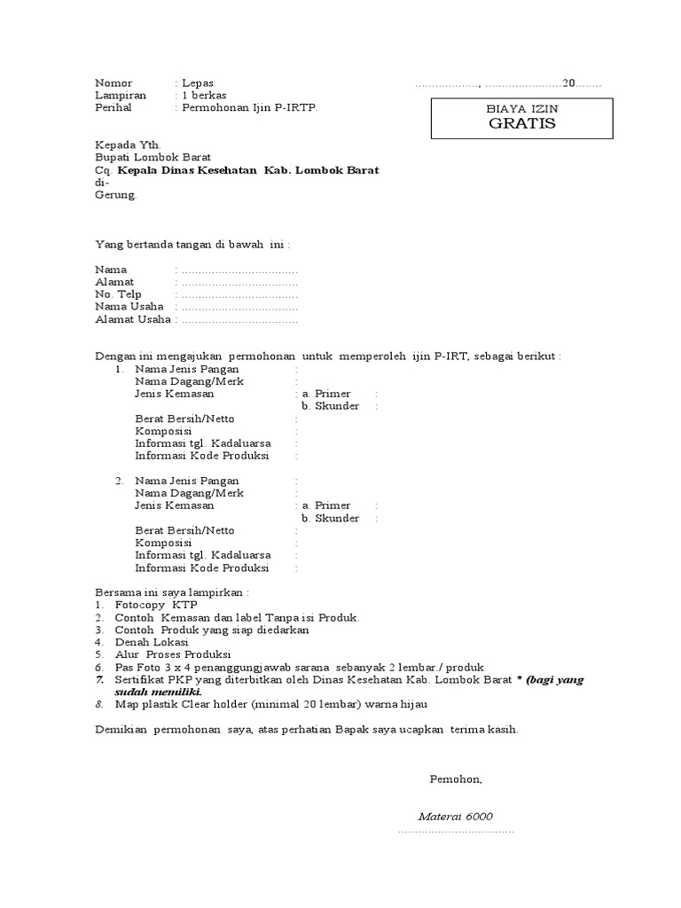 Contoh Permohonan Izin P-IRT | PDF | Teknologi & Rekayasa
