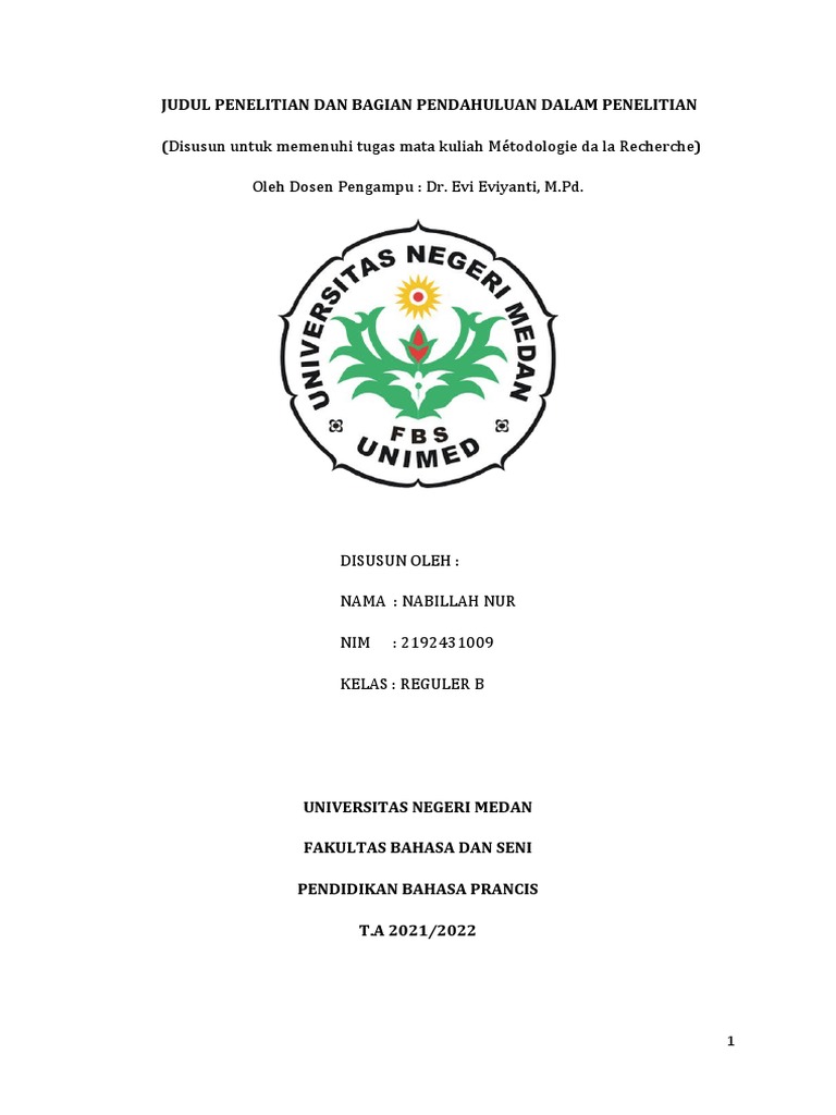 Makalah Judul Dan Bagian Pendahuluan Penelitian-Nabillah Nur | PDF
