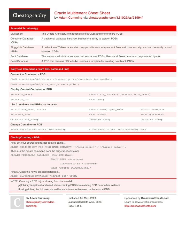 Oracle Multitenant Cheat Sheet: by Via | PDF | Databases | Application ...