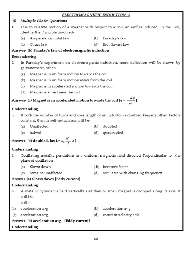 Electromagnetic Induction - 6 (I) Multiple Choice Questions | PDF ...