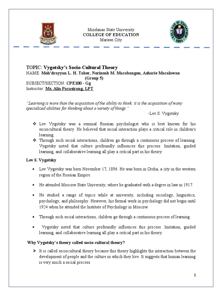 Vygotsky's Socio-Cultural Theory Explained | PDF | Cognitive ...