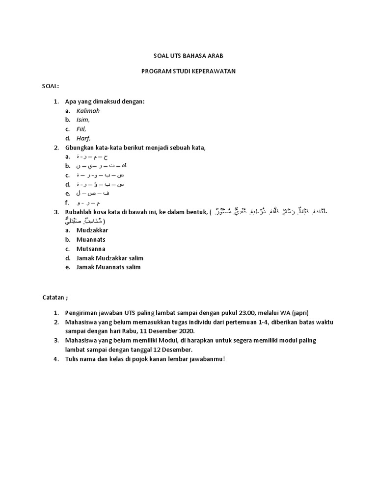 Soal Uts Bahasa Arab-1 | PDF