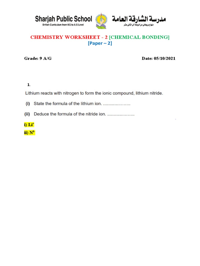 Chemical Bonding (Worksheet - 2) Answers | PDF