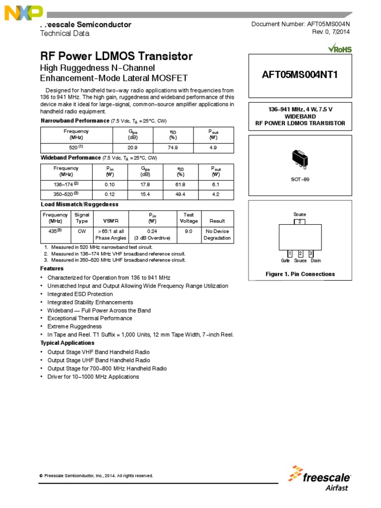 RF Power LDMOS Transistor: AFT05MS004NT1 | PDF | Amplifier | Electricity