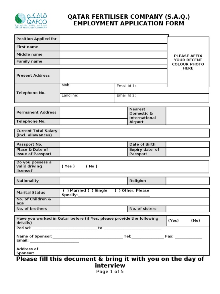 Qafco Application Form | PDF | Passport | Fertilizer