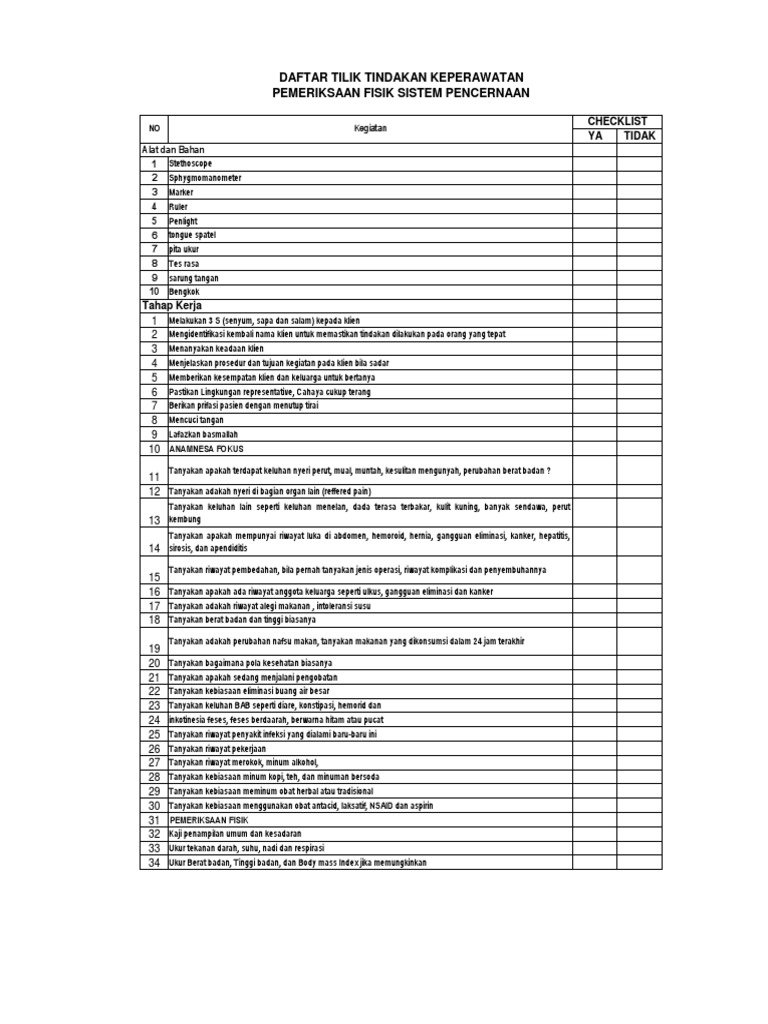 Formulir Daftar Tilik TINDAKAN PEMERIKSAAN FISIK SISTEM PENCERNAAN | PDF