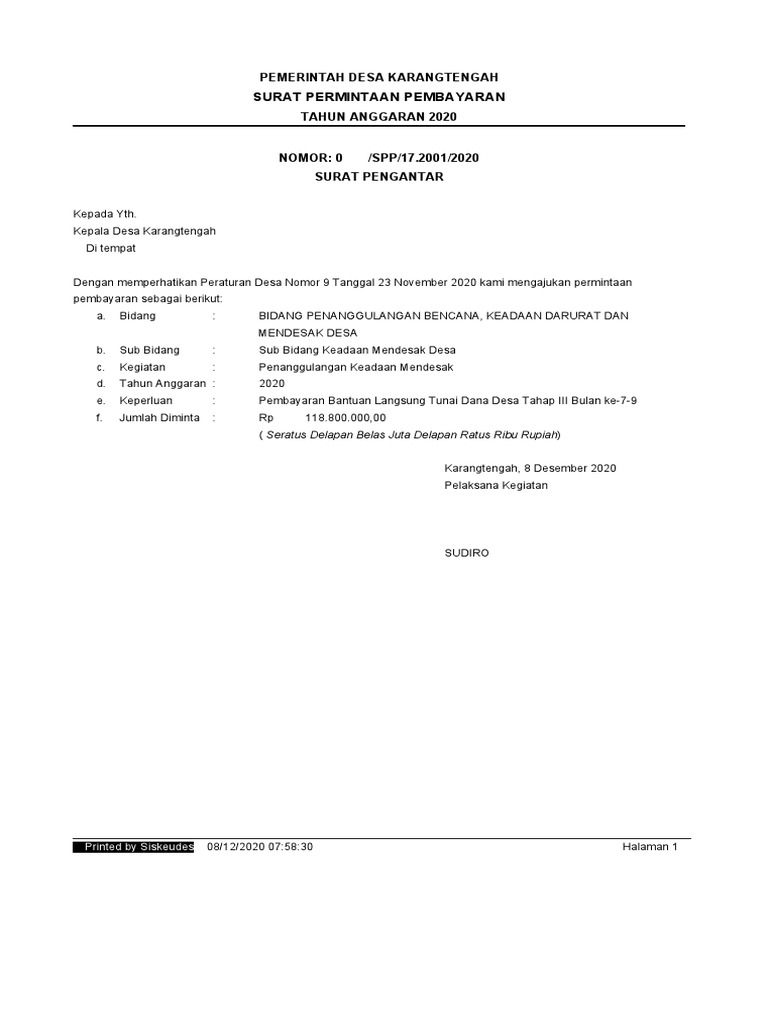 Format SPP Siskeudes Panjar | PDF