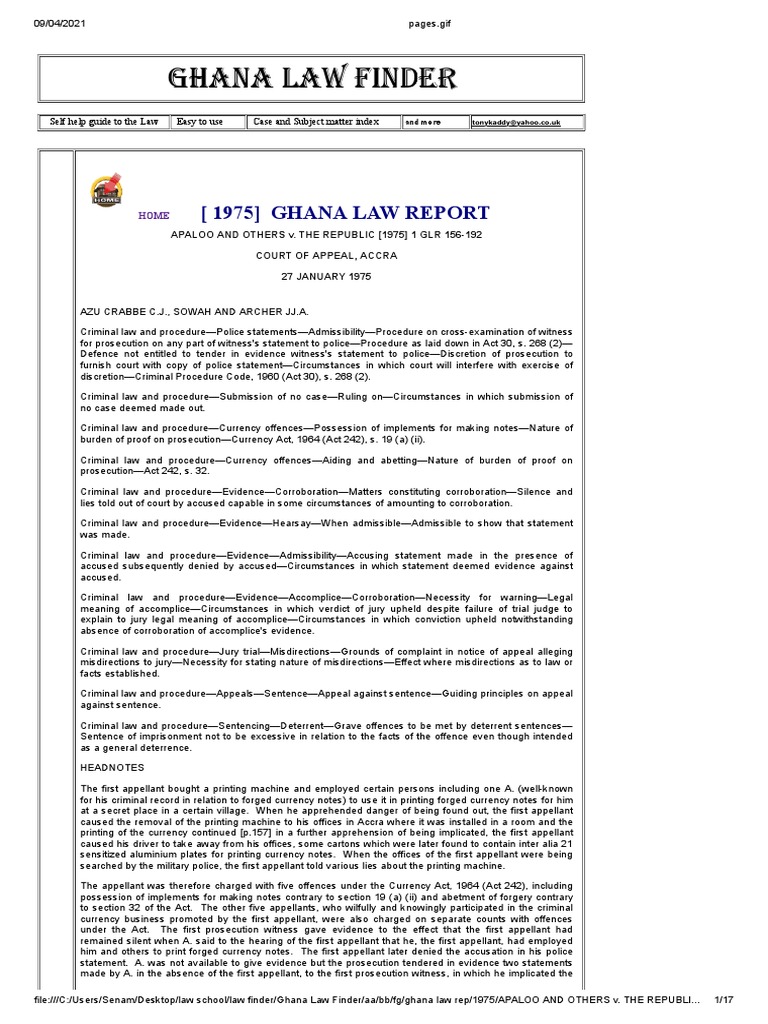 Apaloo Vs The Rep 1975 | PDF | Prosecutor | Sentence (Law)