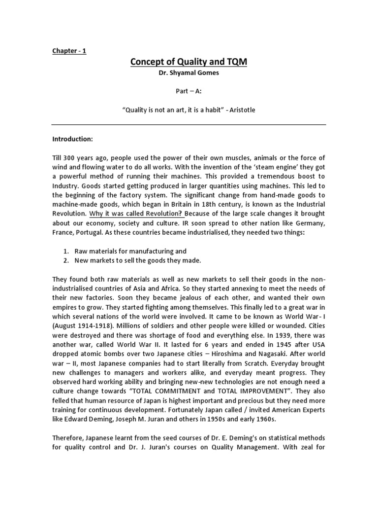 Concept of Quality and TQM: Chapter - 1 Dr. Shyamal Gomes | PDF | Quality (Business) | Quality ...