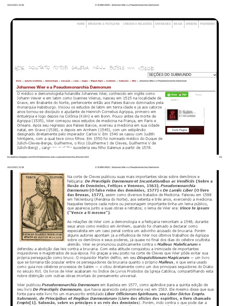 O SUBMUNDO - Johannes Wier e A Pseudomonarchia Dæmonum | PDF