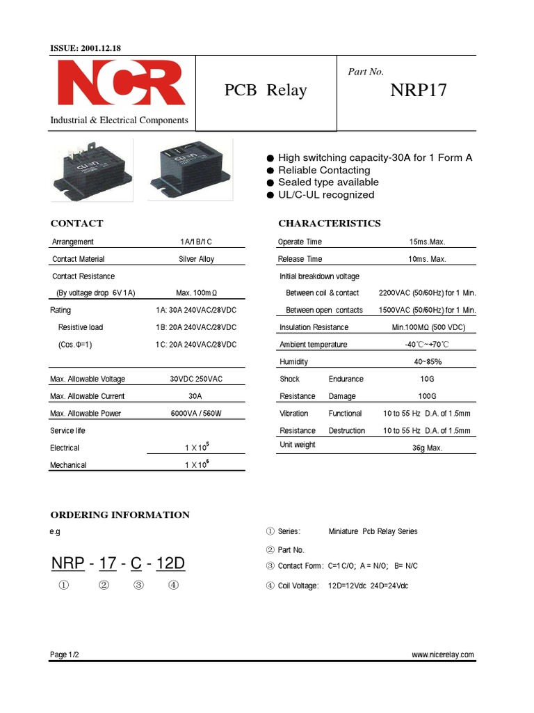 NRP-17 PCB Relay Specifications | PDF | Relay | Manufactured Goods