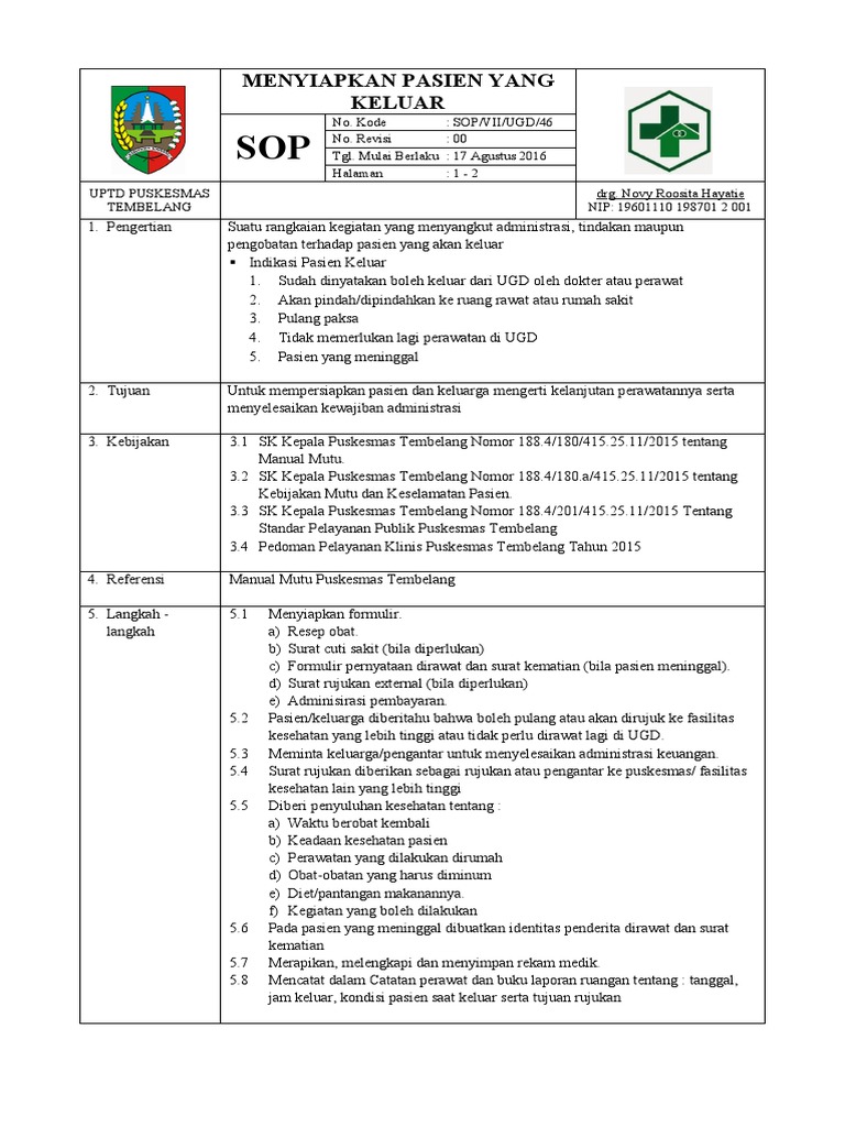 46 Sop Menyiapkan Pasien Yang Keluar | PDF