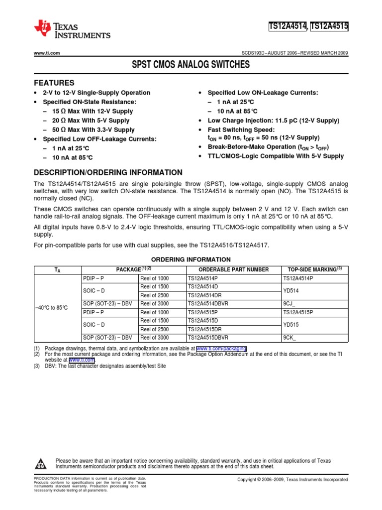 SPST Cmos Analog Switches: Features | PDF | Cmos | Electrical Engineering