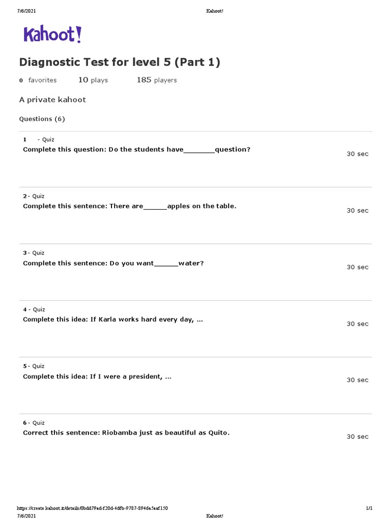 Diagnostic Test For Level 5 (Part 1) : 10 185 A Private Kahoot | PDF ...
