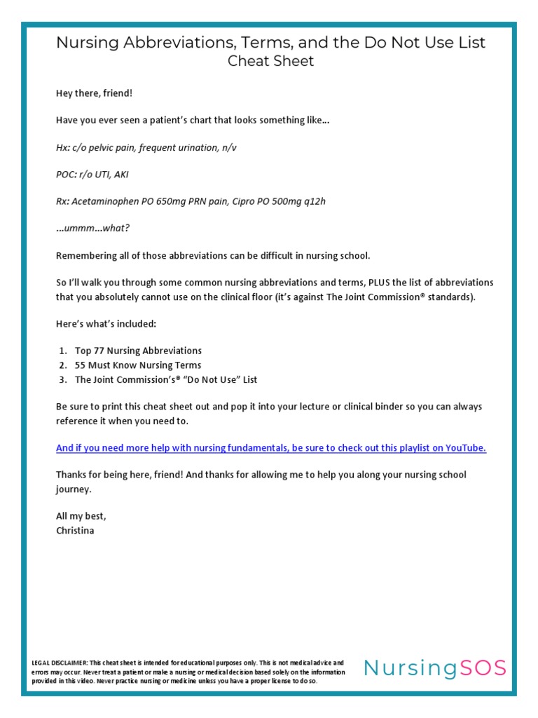 Nursing Abbreviations Terms and The Do Not Use List Cheat Sheet | PDF ...