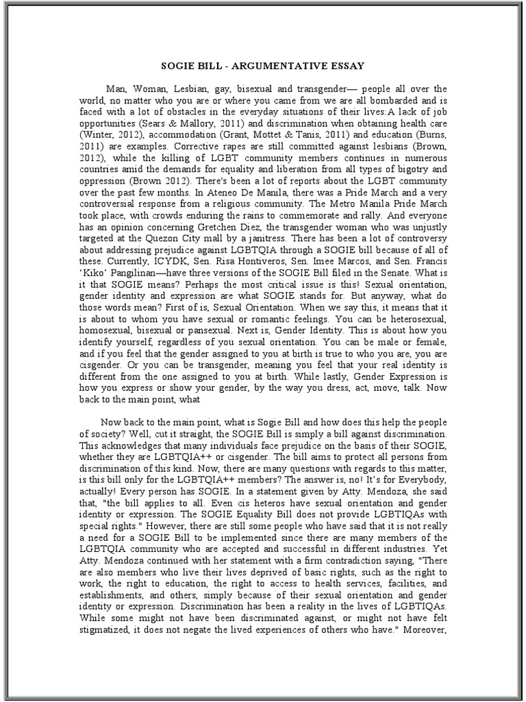 Sogie Bill - Argumentative Essay | PDF | Heterosexuality | Discrimination