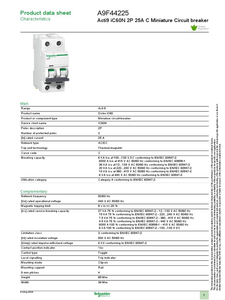 Product Data Sheet: Acti9 iC60N 2P 25A C Miniature Circuit Breaker | PDF | Alternating Current ...