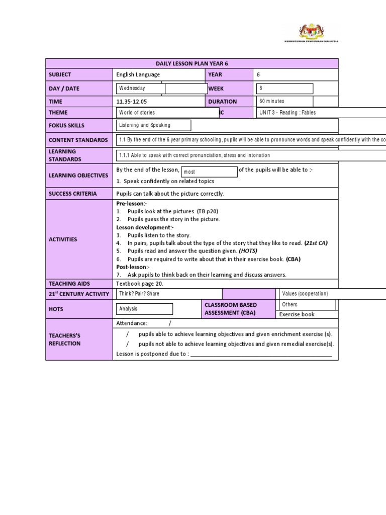Daily Lesson Plan Year 6 | PDF | Lesson Plan | Teachers
