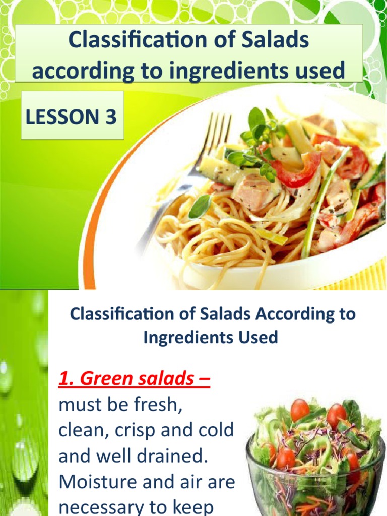 LESSON 3 CLASs of Salad Accord. To Ingredients | PDF | Salad | Food ...