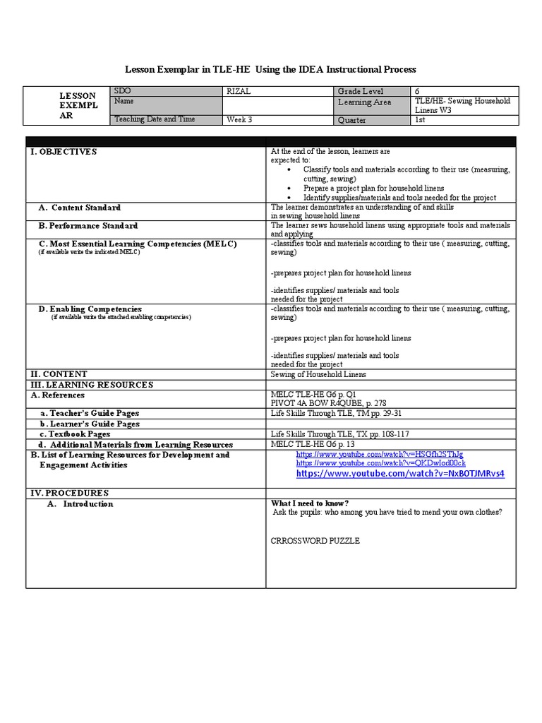 Lesson Exemplar in TLE | PDF | Sewing | Learning
