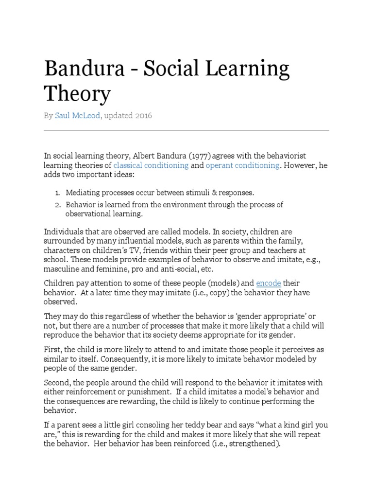 Bandura - Social Learning Theory: Saul Mcleod | PDF | Imitation ...