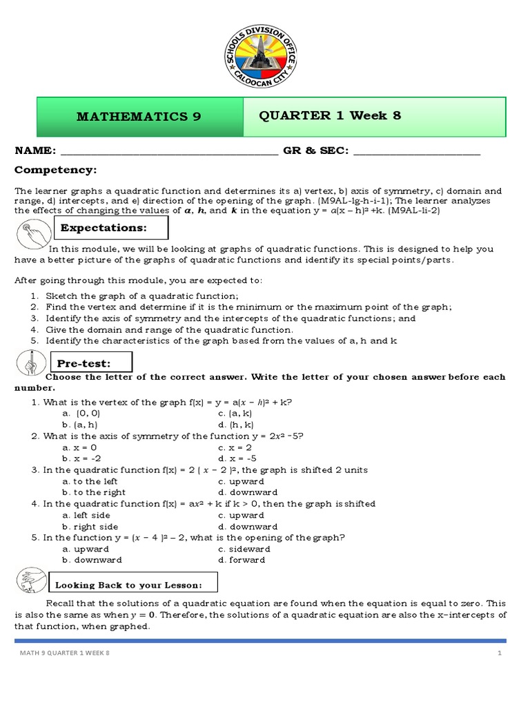 Mathematics 9 Quarter 1 Week 8: NAME: - GR & SEC: - Competency | PDF ...