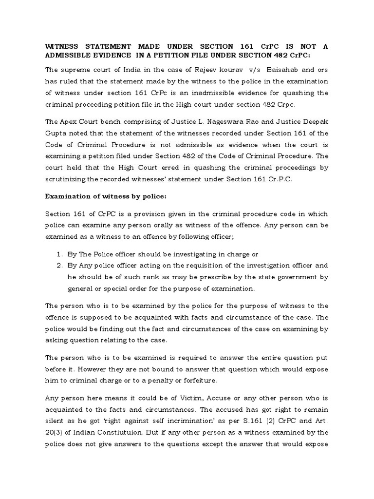 WITNESS STATEMENT MADE UNDER SECTION 161 CRPC IS NOT A ADMISSIBLE ...