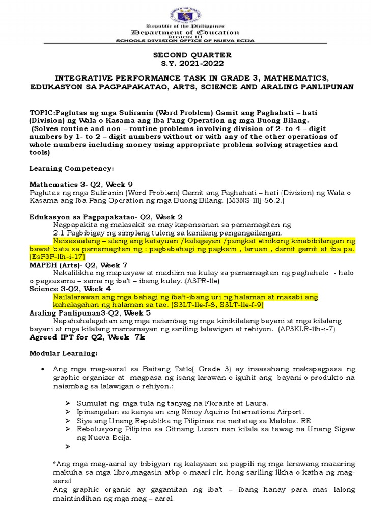Second Quarter S.Y. 2021-2022 Integrative Performance Task in Grade 3 ...